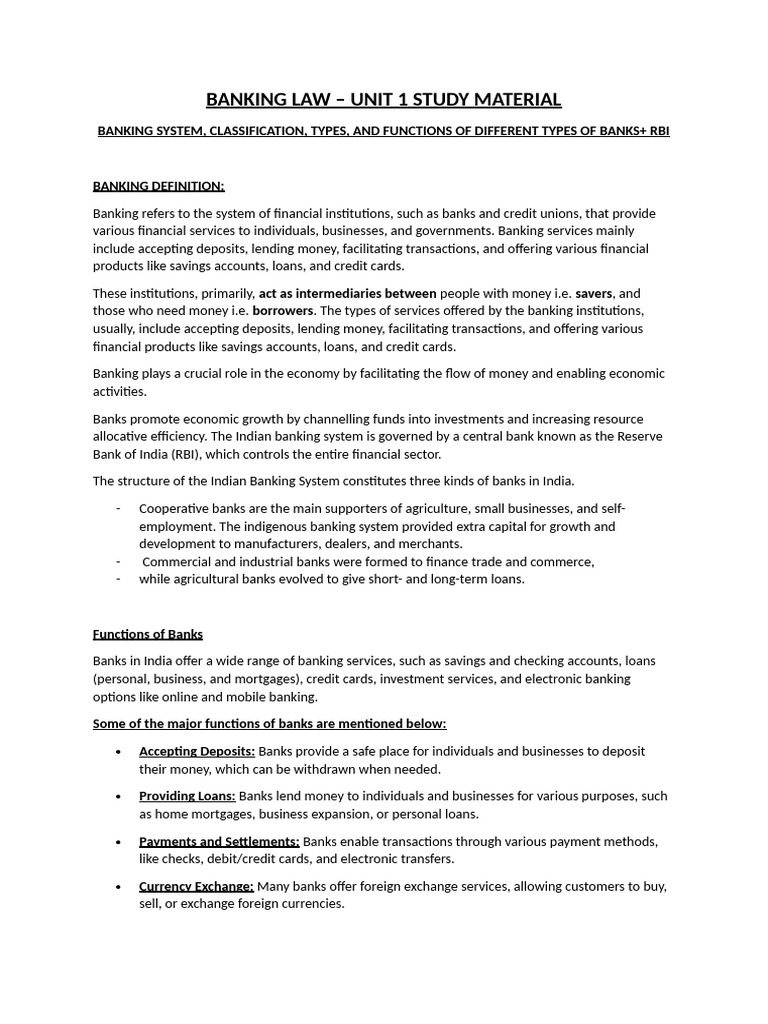 Banking Law - Unit 1 Study Material | PDF | Banks | Reserve Bank Of India