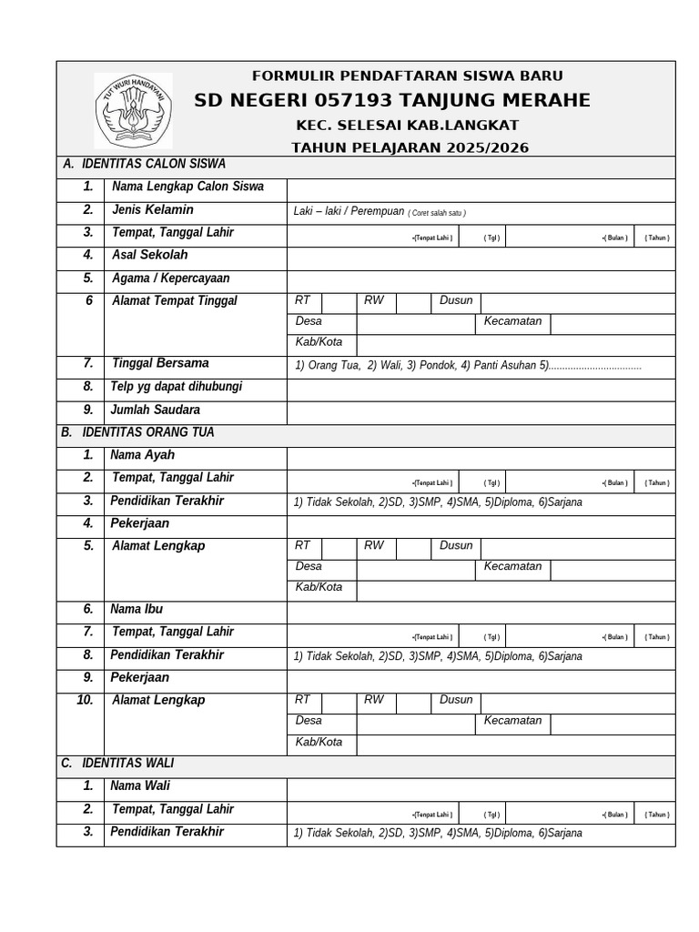 Contoh Formulir Pendaftaran Siswa Baru PPDB 2019-2020 | PDF