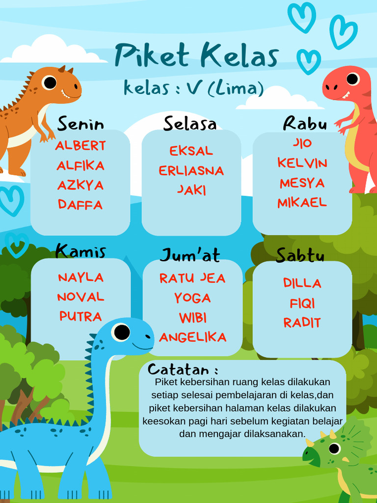 Hijau Dan Biru Dekorasi Cartoon Dino Jadwal Piket Kelas Dokumen A4 | PDF