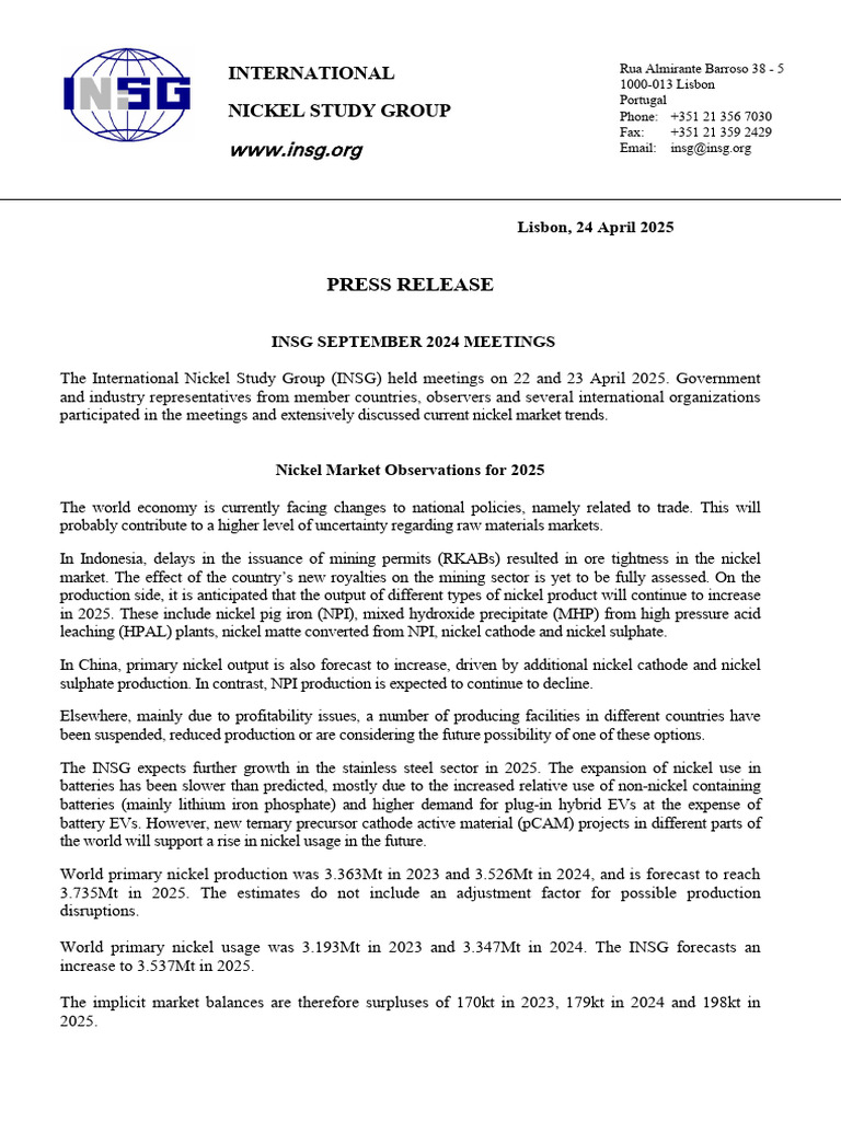 INSG April 2025 Nickel Market Insights | PDF | Nickel | Materials