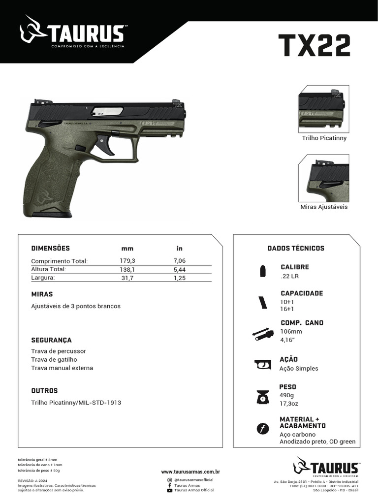 Especificações Taurus X22 | PDF | Projéteis | Design de armas
