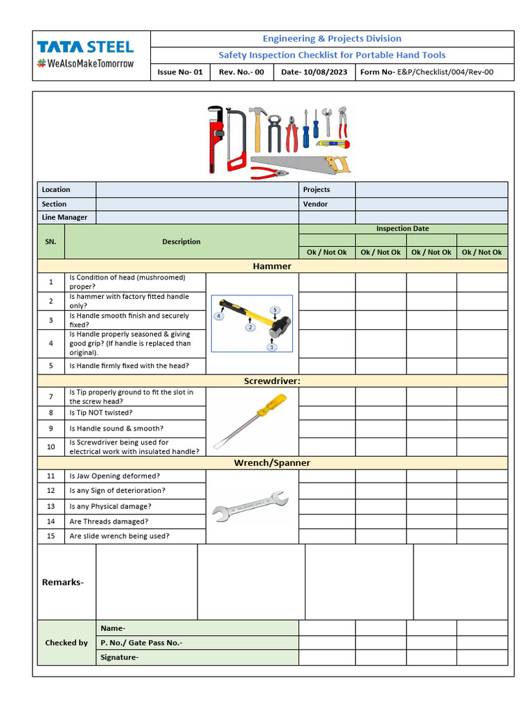 Inspection Checklist For Portable Hand Tools | PDF