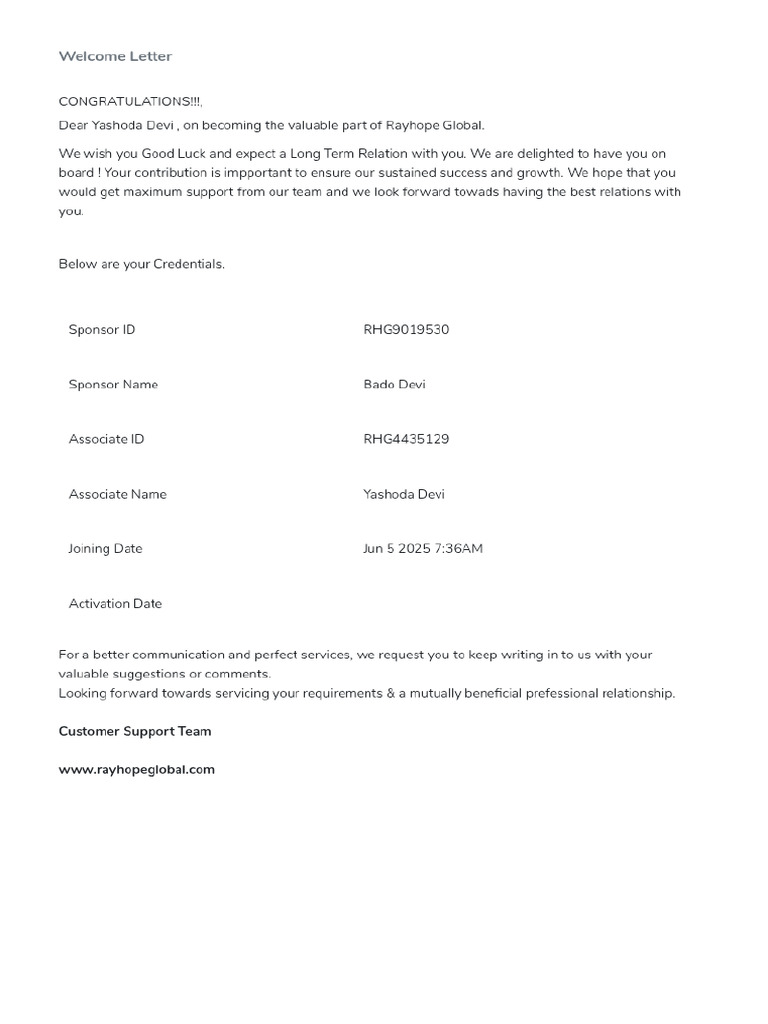 Welcome Letter | PDF