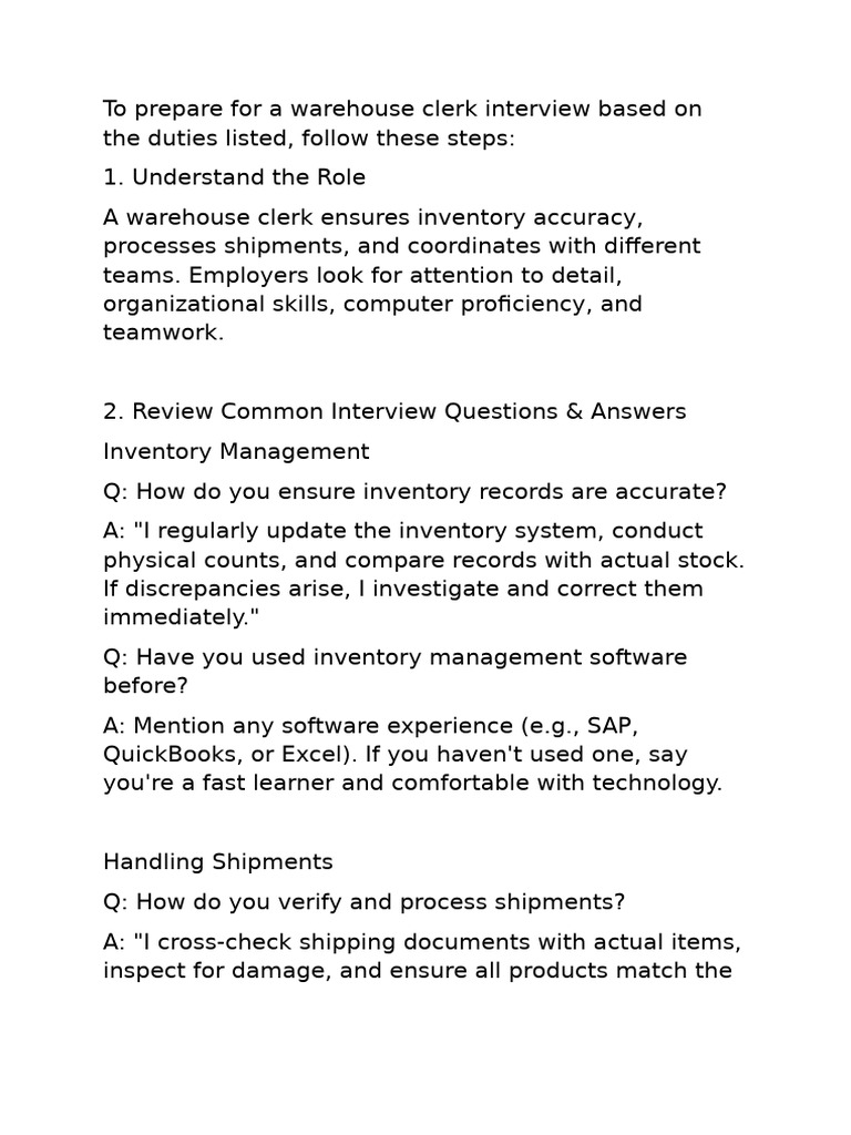 Prep Warehouse Clerk Interviews | PDF | Inventory | Audit