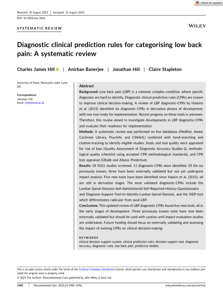 Musculoskeletal Care - 2023 - Hill - Diagnostic Clinical Prediction Rules For Categorising Low ...