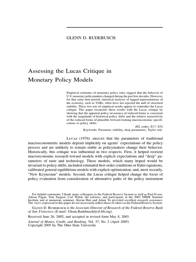 2005 JMCB Rudebusch Assessing The Lucas Critique in Monetary Policy ...