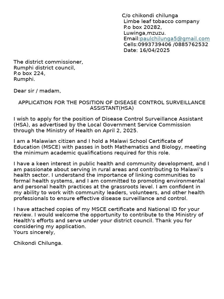 Application For The Position of HSA (Rumphi) | PDF