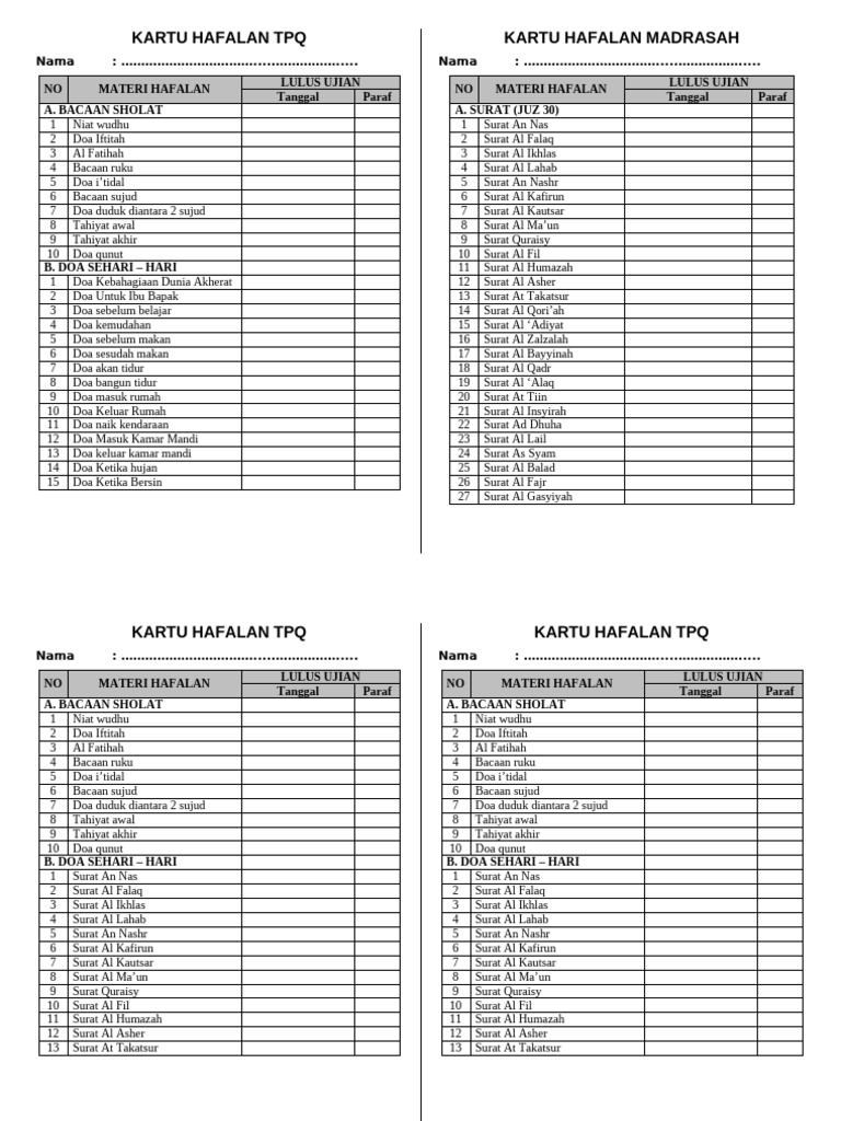 Form Hafalan Juz 30 Dan Doa | PDF