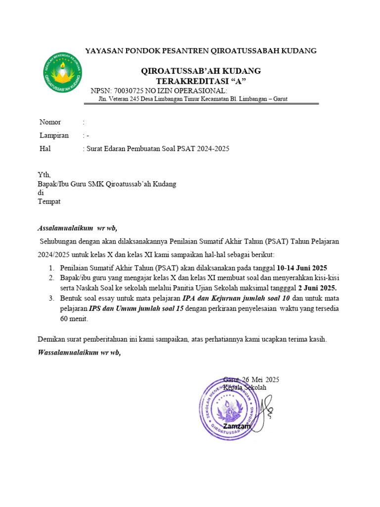 Surat Edaran PSAT 2024-2025 SMK QIRSA | PDF
