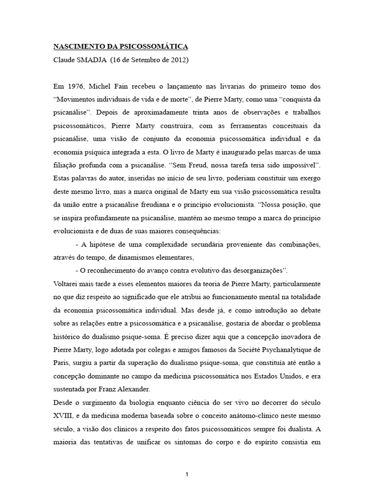 Aula 6-23-05 (Texto 1) - Claude Smadja Nascimento Da Psicossom c3 ...