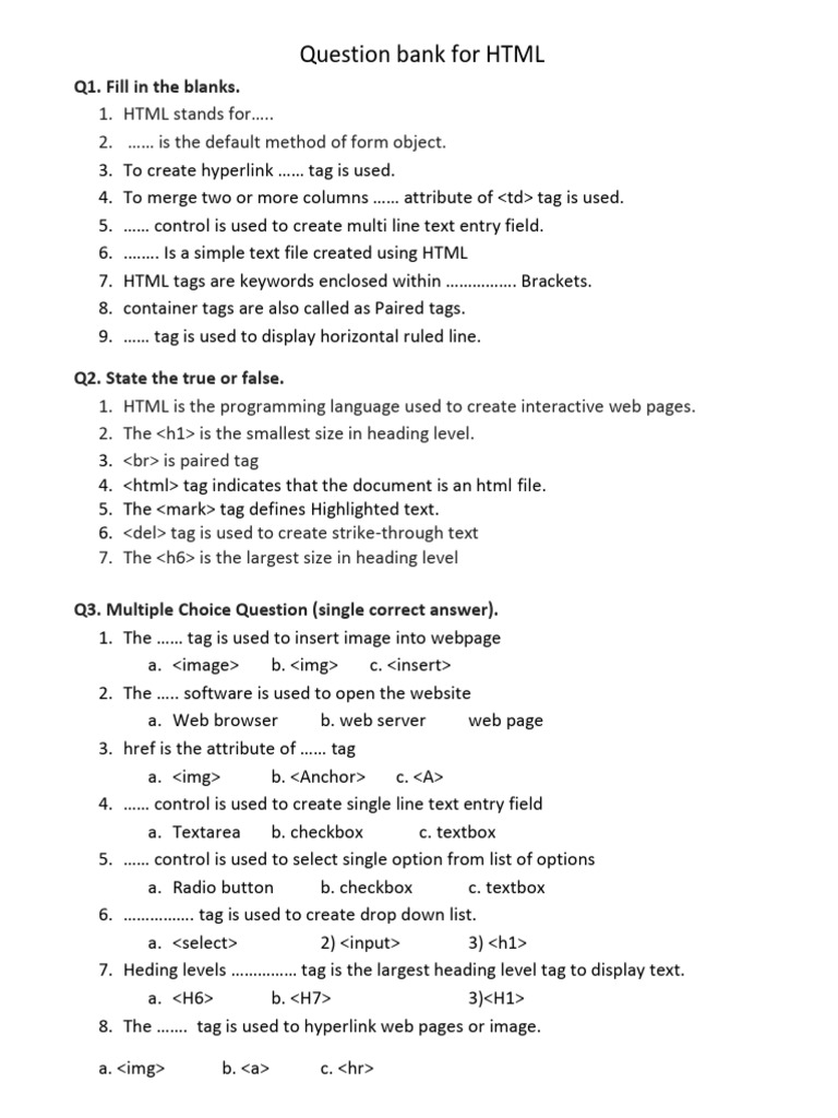 Question Bank For HTML-1 | PDF | Html | Html Element