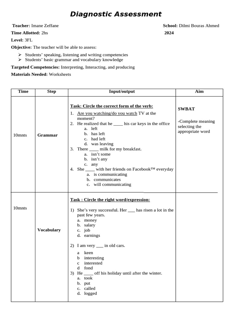 Diagnostic Assessment | PDF | Cognitive Science | Human Communication