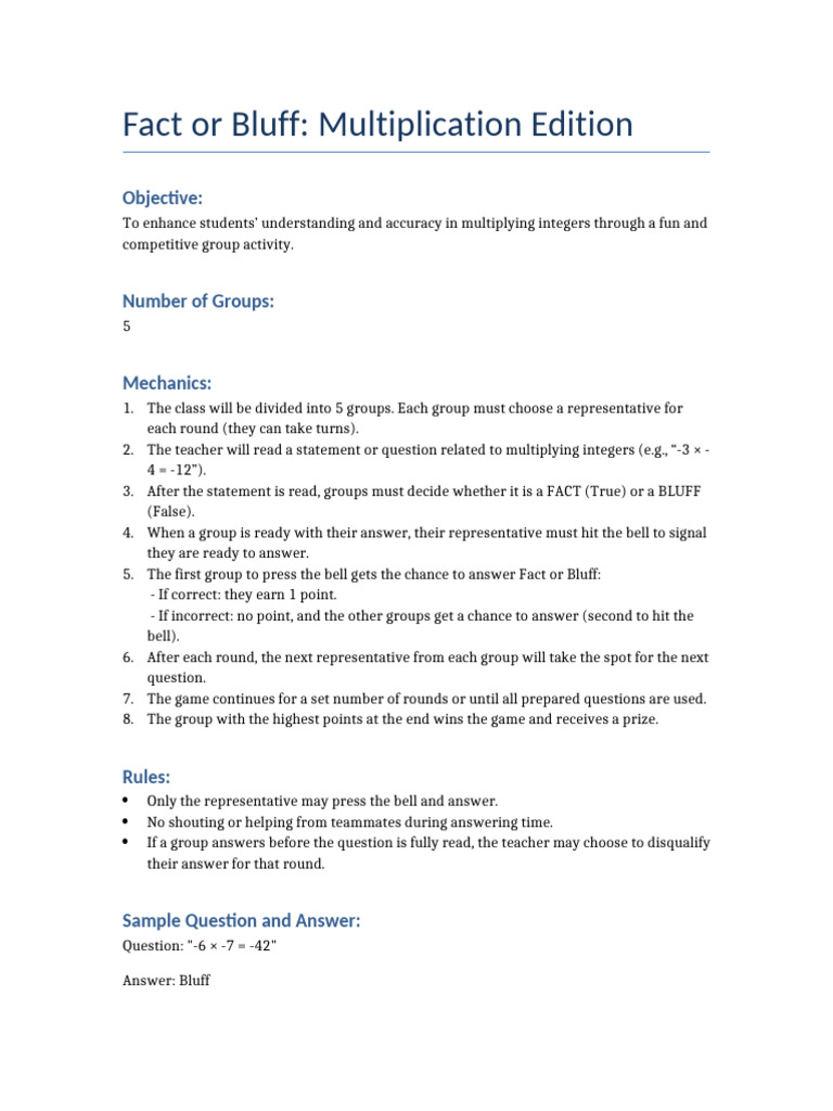 Fact or Bluff Game Mechanics With Sample | PDF