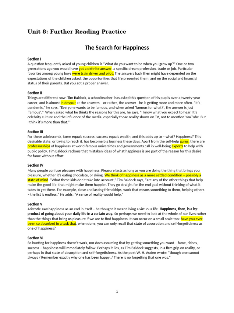 Unit 8 - Further Reading Practice | PDF | Happiness | Pleasure