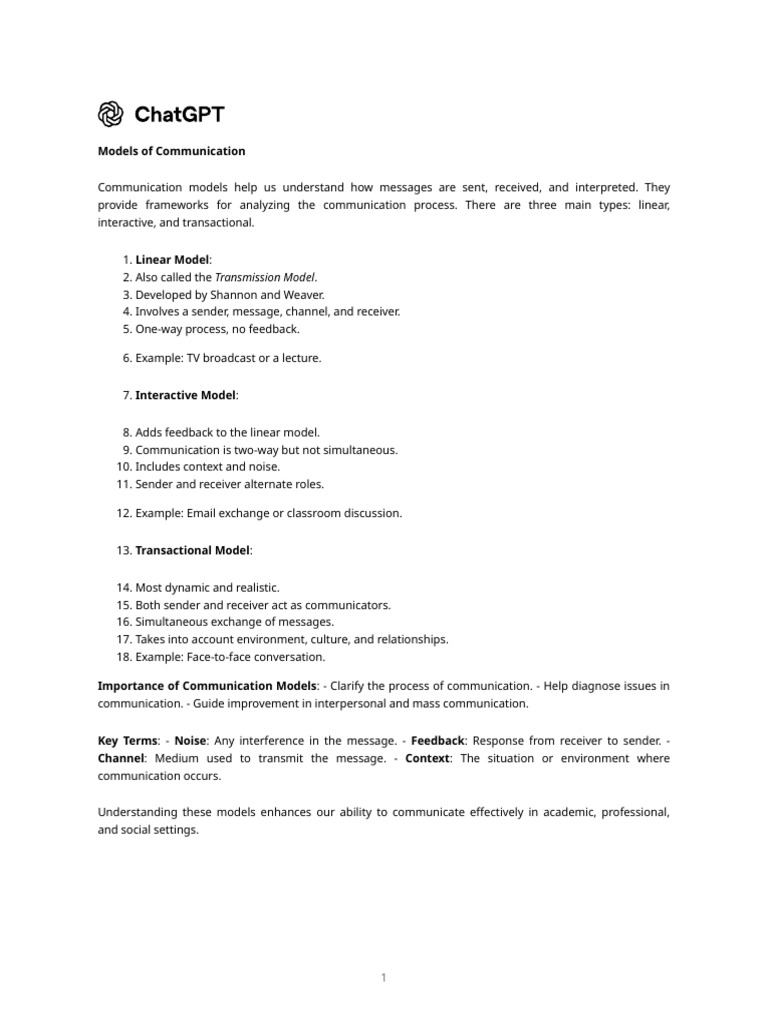 Communication Models Explained | PDF