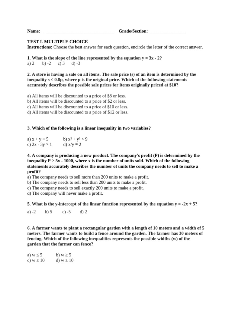 Linear Functions and Inequalities Test | PDF | Function (Mathematics ...