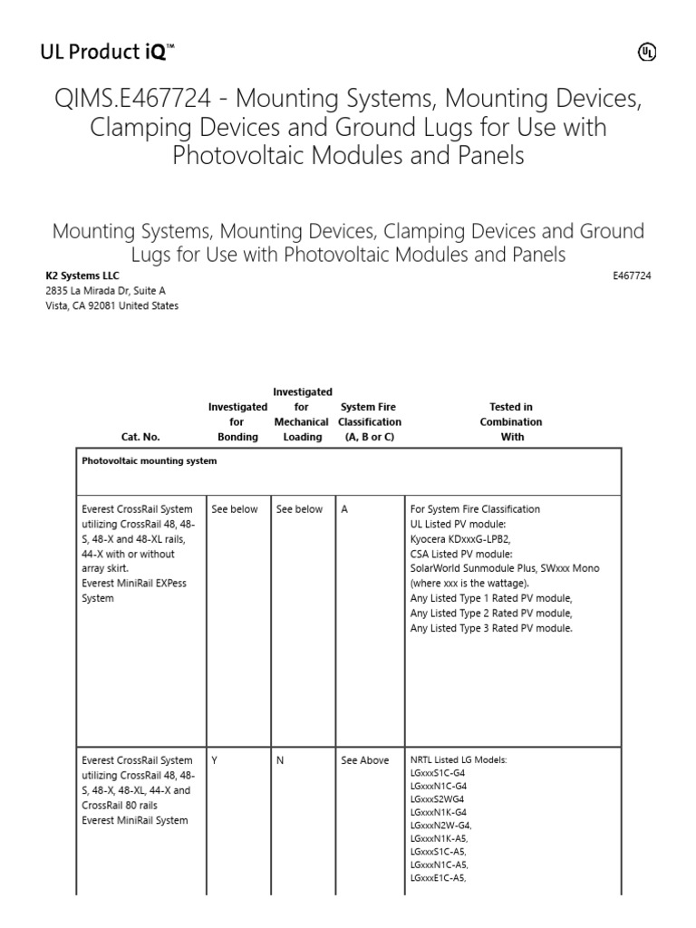 K2 Systems UL Product IQ | PDF | Solar Panel | Photovoltaics