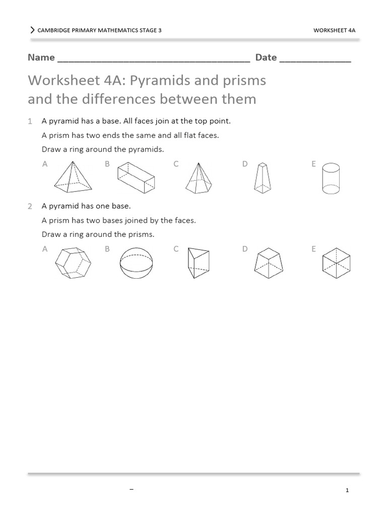 Pyramids vs Prisms Worksheet Grade 3 | PDF