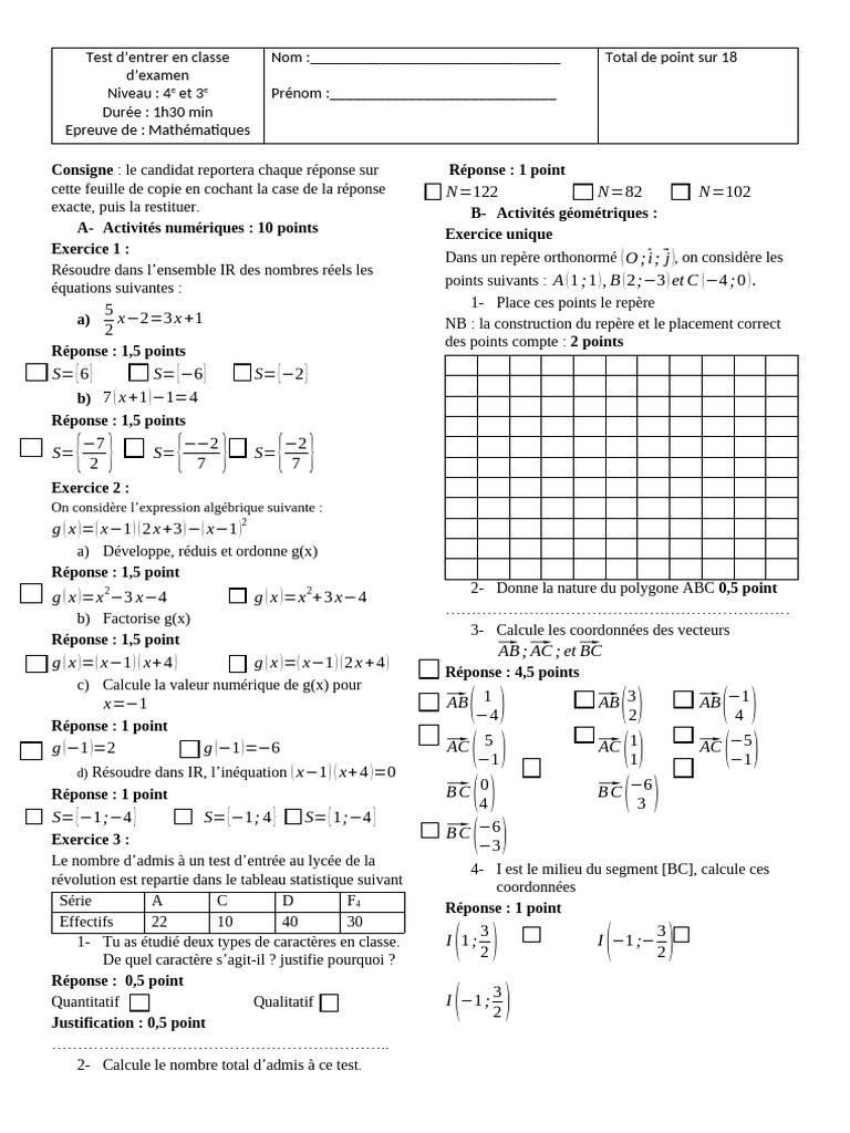 Test d'entrée en mathématiques 4e/3e | PDF | Mathématiques élémentaires ...