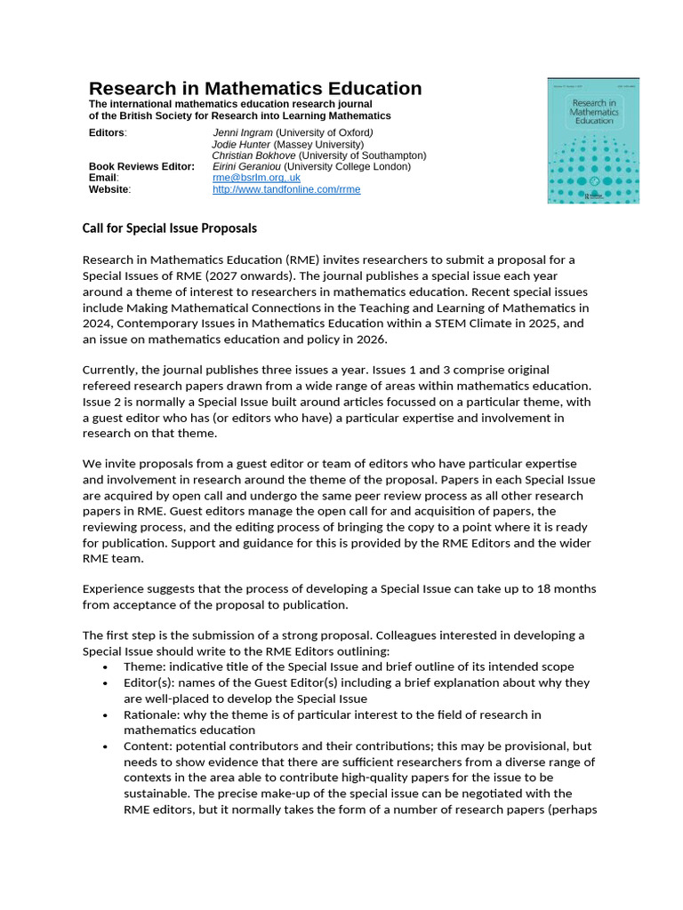 Call for Special Issue Proposals in RME | PDF | Inquiry | Learning