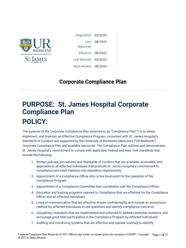 ST James Corporate Compliance Plan | PDF | Regulatory Compliance | Audit