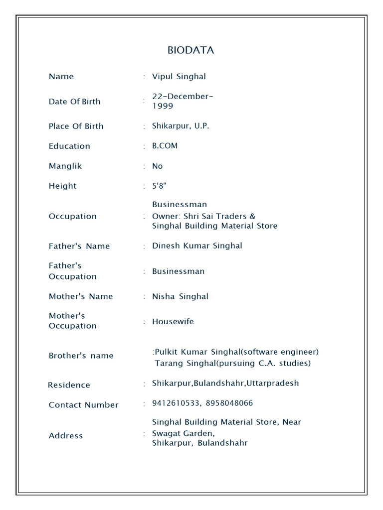 Biodata Vipul Singhal | PDF