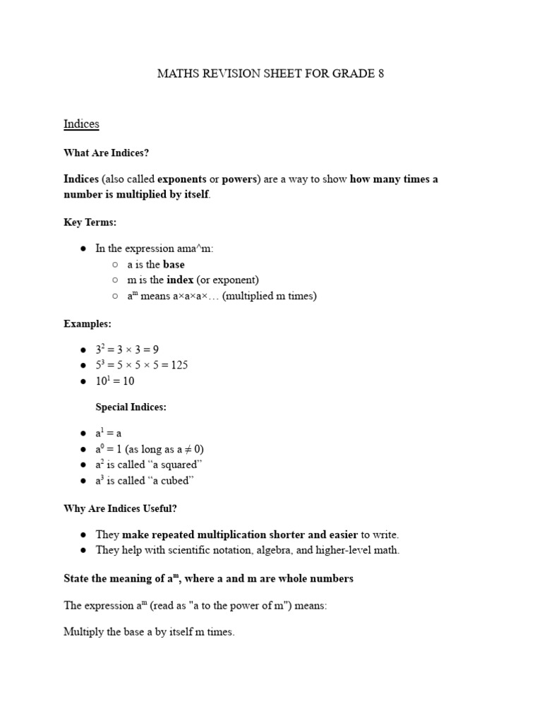 Grade 8 Maths: Indices and Algebra Concepts | PDF | Slope | Inequality ...