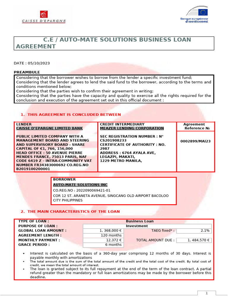 CONTRAT DE CRÉDIT PHILIPPINES - Traduit | PDF | Loans | Debt