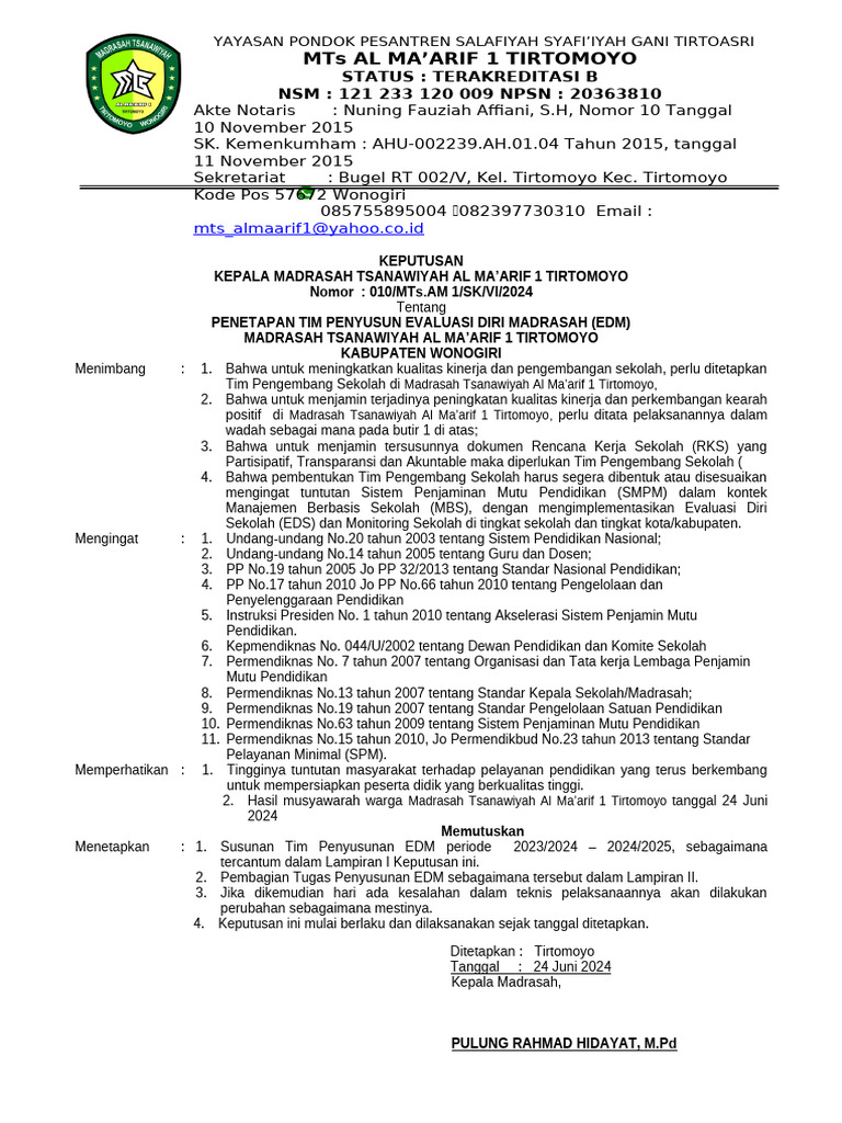 SK Tim Penyusun EDM MTs Al Ma'arif 2024 | PDF