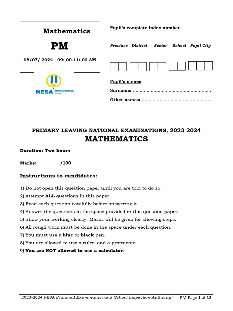 NESA 2024 Mathematics Exam Paper | PDF | Mathematics