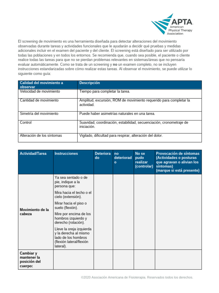 Apta Movement Screen (1) .En - Es | PDF | Enfermedades y trastornos | Medicina CLINICA