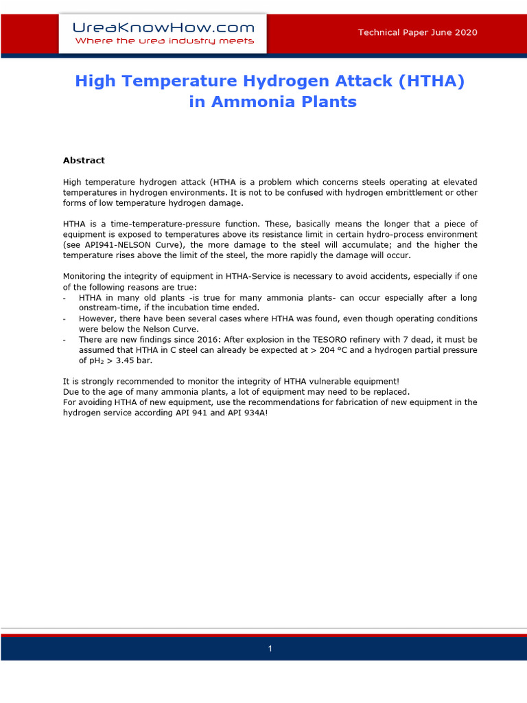 High Temperature Hydrogen Attack in Ammonia Plants | PDF | Hydrogen ...