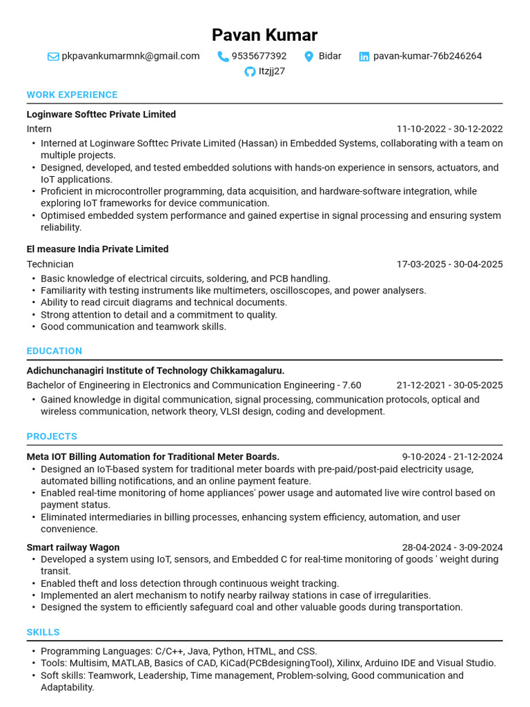 UpdatedPavan Kumar - Resume - Cleaned | PDF | Internet Of Things | Embedded System