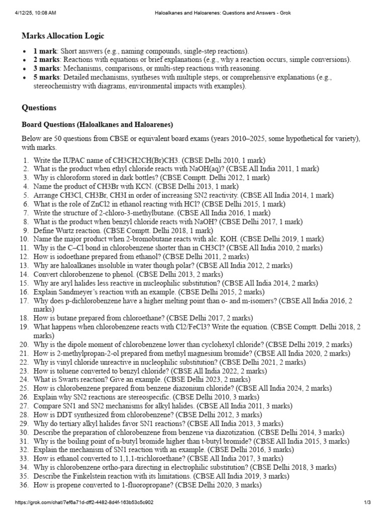 Haloalkanes and Haloarenes_ Questions - Grok | PDF | Chemical Reactions ...