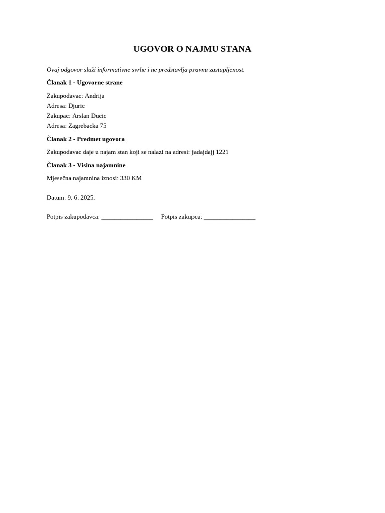 Ugovor o Najmu Stana | PDF