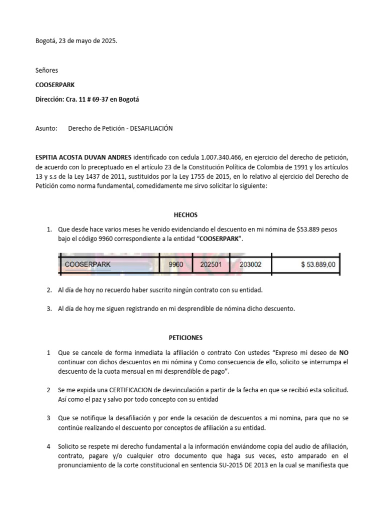 Derecho de Peticio - Duvan Espitia - Cooserpark | PDF | Petición | Justicia