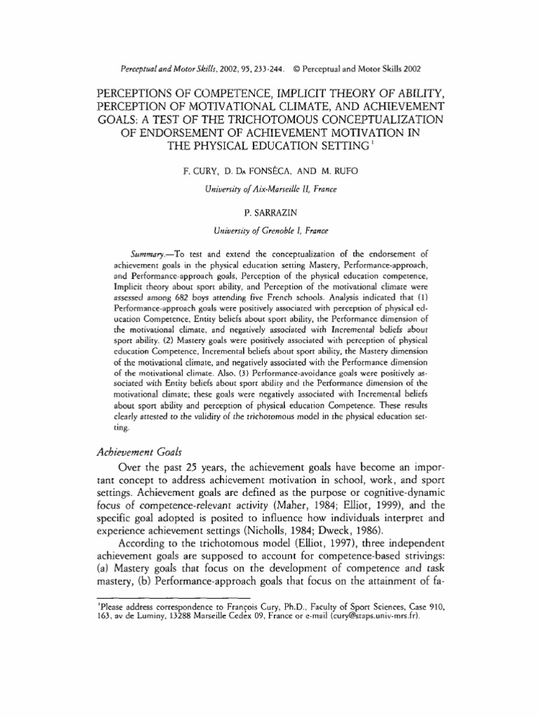 Cury Et Al 2002 Perceptions of Competence Implicit Theory of Ability ...