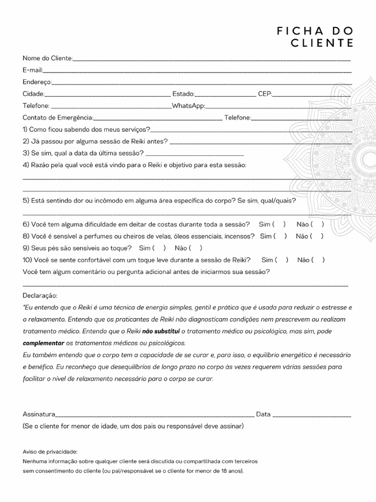 Ficha Anamnese Reiki Simples | PDF