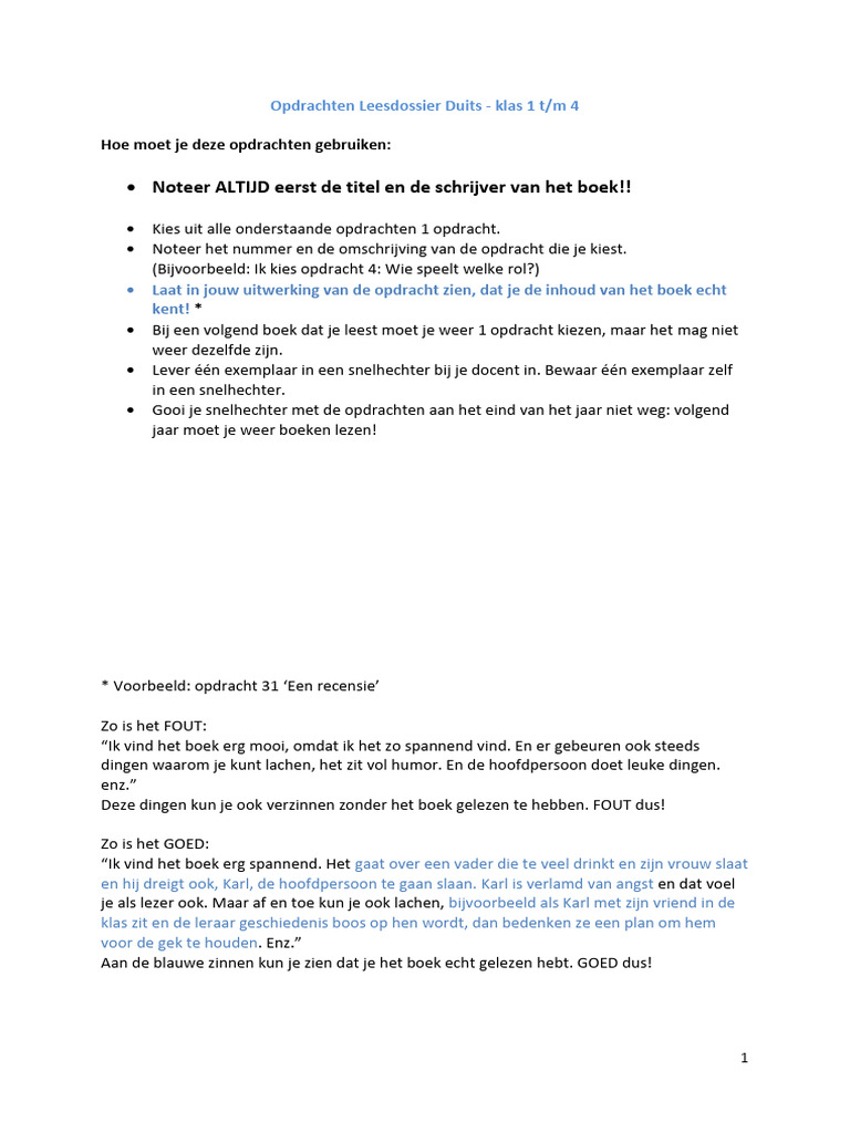 Keuzeopdrachten Leesdossier Klas 1-4 | PDF