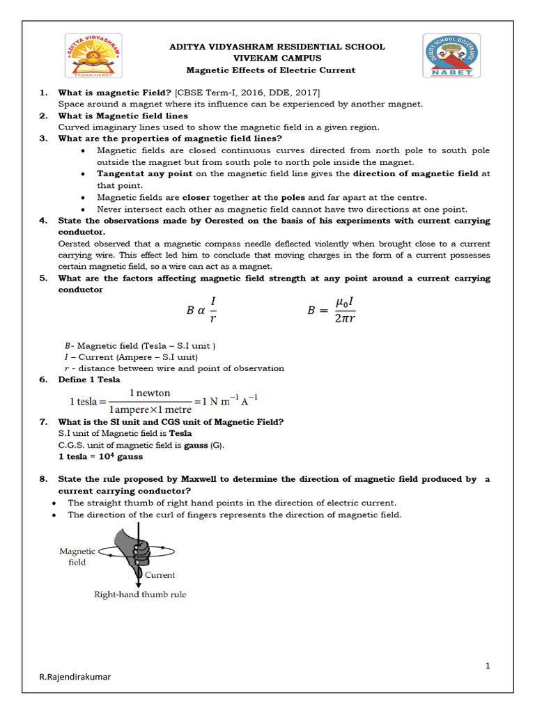 Magnetic Effects of Electric Current Notes | PDF | Magnetic Field ...