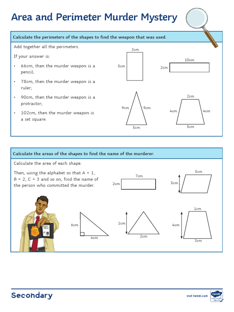 Area and Perimeter Murder Mystery Activity Sheet | PDF | Area | Distance