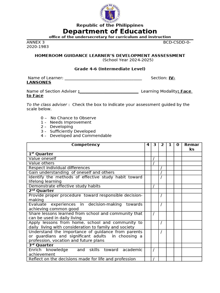 Homeroom Guidance Assessment for Grades 4-6 | PDF | Educational ...