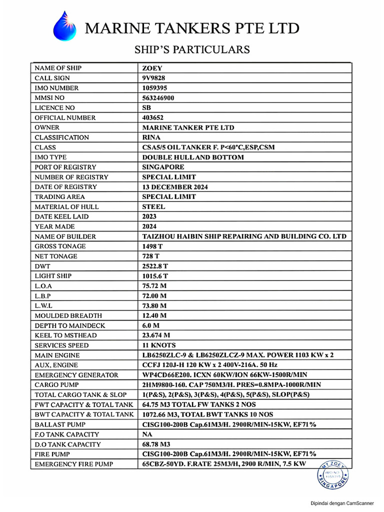 Ship Particulars MT - Zoey | PDF