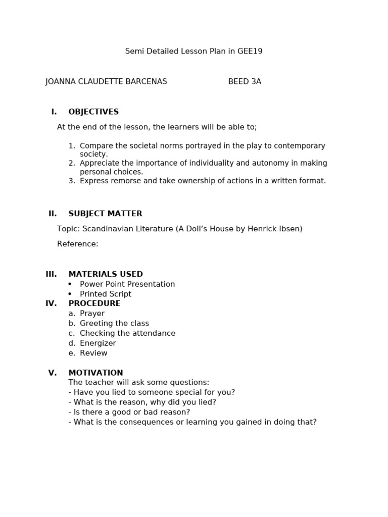 Lesson Plan: Ibsen's A Doll's House | PDF | A Doll's House | Scandinavia