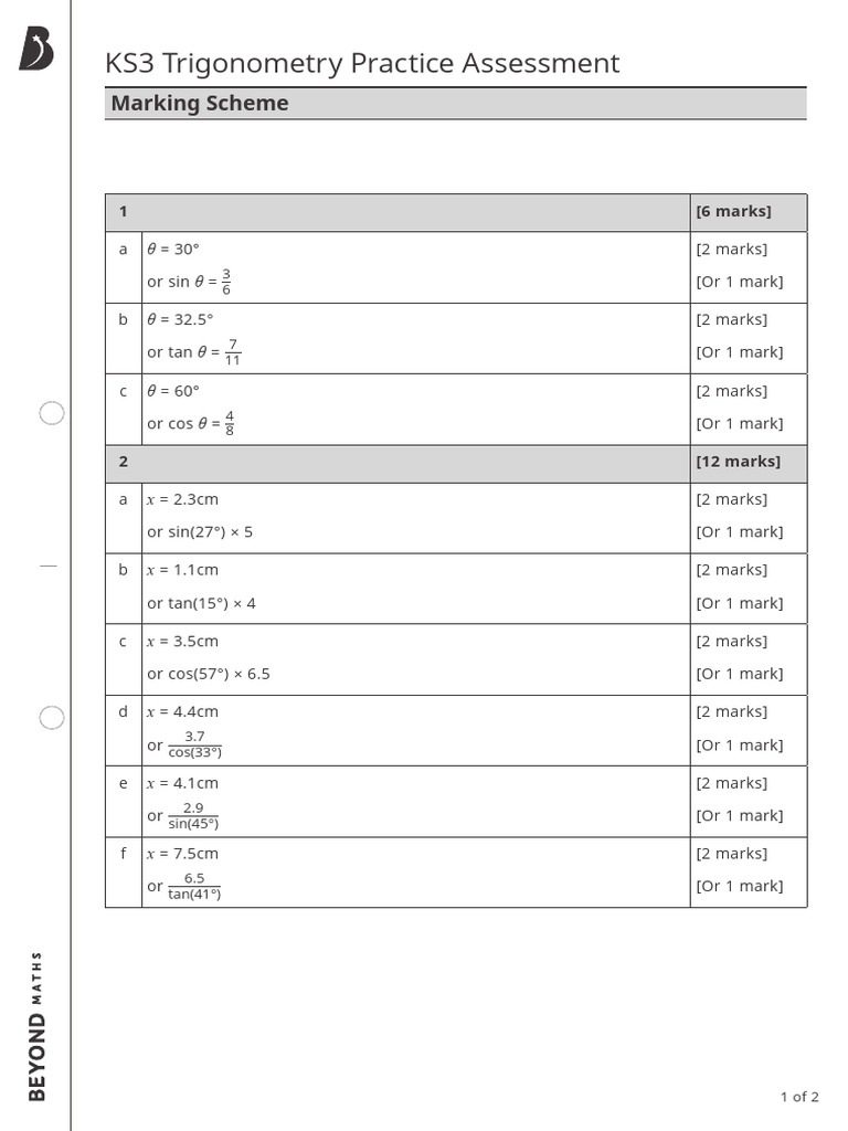KS3 Trigonometry Practice Assessment - Mark Scheme | PDF | Trigonometry | Triangle Geometry