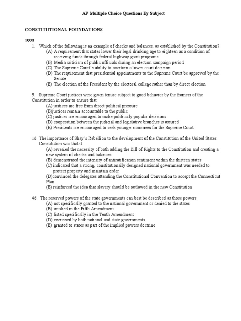 AP Multiple Choice Questions by Subject | United States Constitution ...