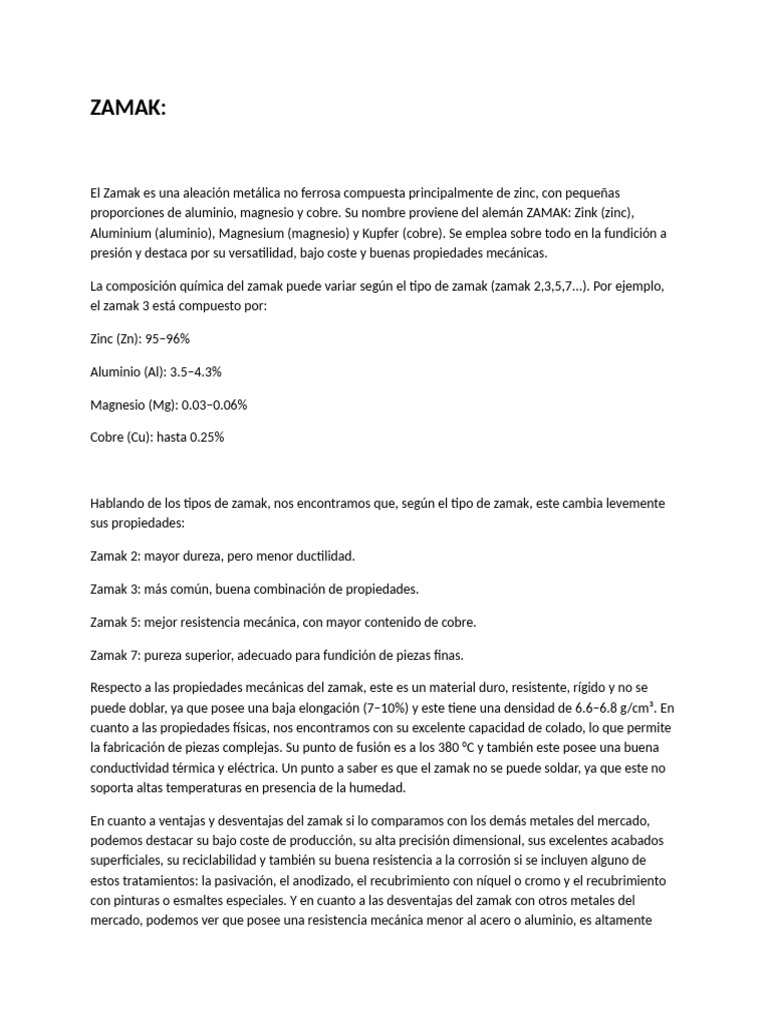 Informe Zamak y Esfuerzos Mecanicos, Tecno 2b | PDF | Cobre | Zinc