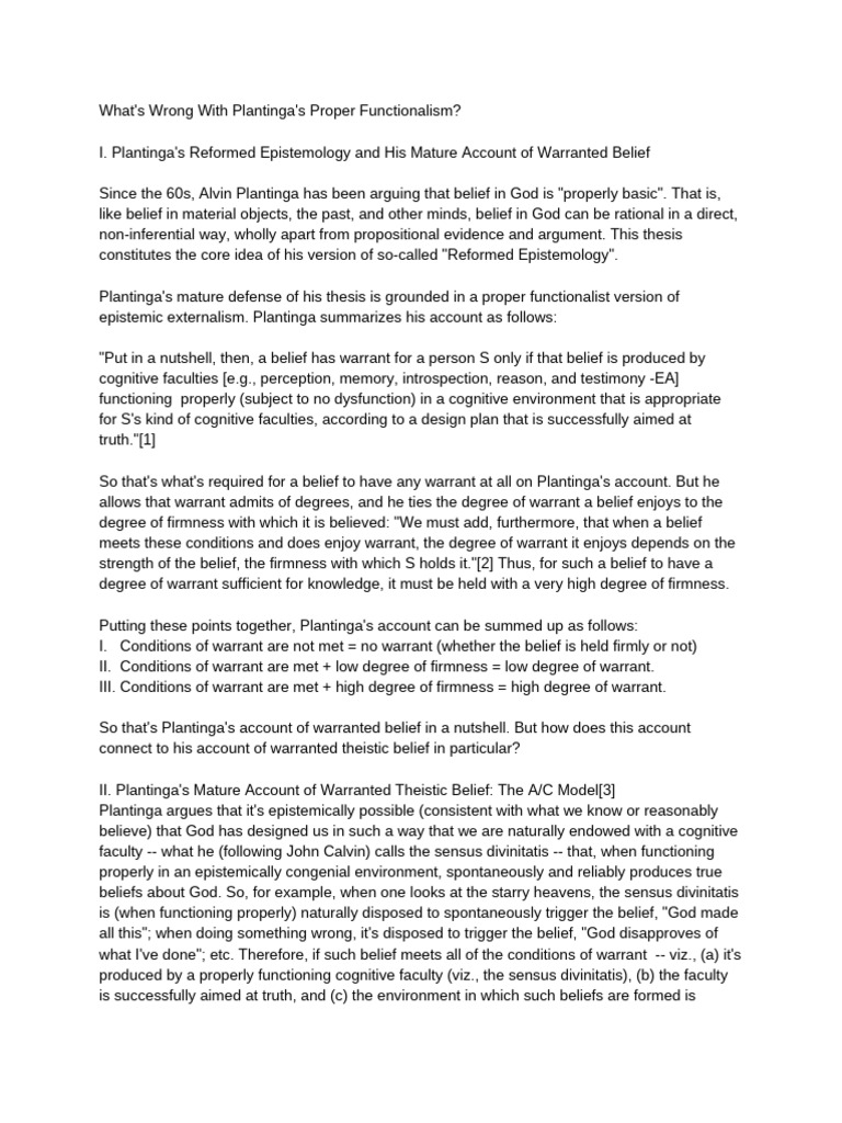 What's Wrong With Plantinga's Proper Functionalism | PDF | Epistemology