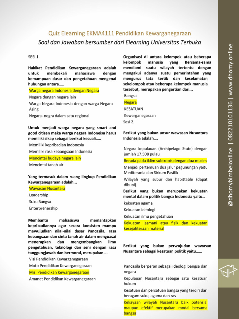 Quiz Elearning MKWU4109 Pendidikan Kewarganegaraan | PDF