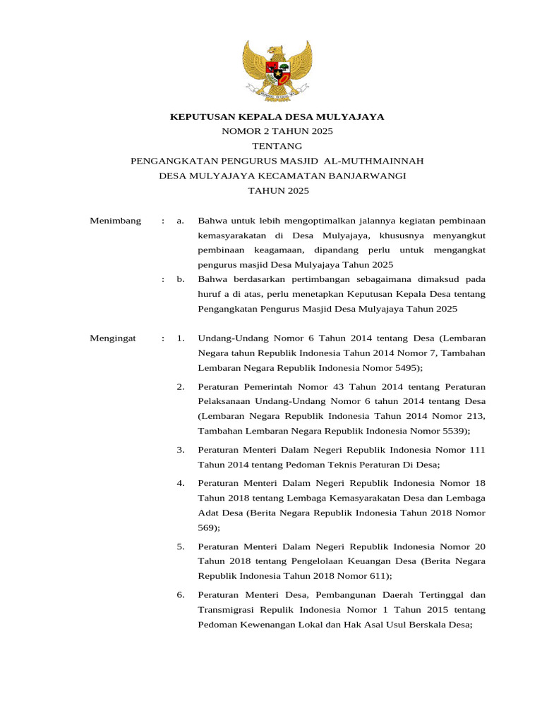 Contoh SK Pengurus Masjid Jami Musholla Desa | PDF